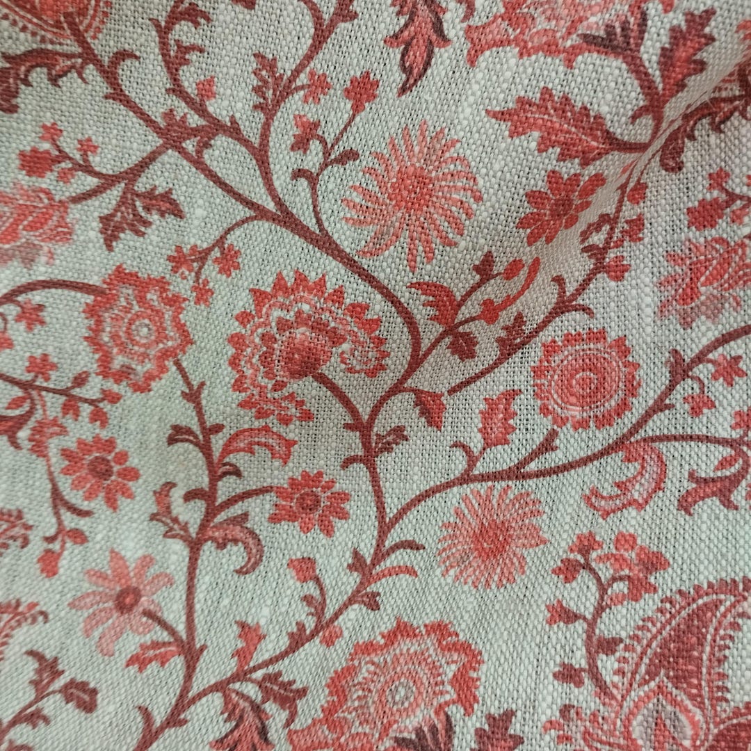 RED Floral Pattern Linen Fabric, Heavy Weight Linen Upholstery Washed ...