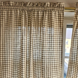 Natural Checks Semi SHEER Curtains 100% Linen Window Panel. Kitchen ...