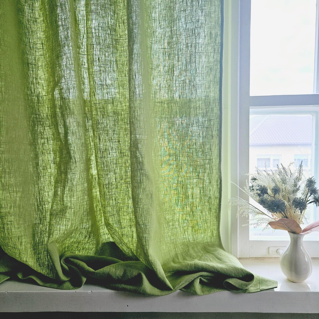 GREEN Curtain Linen Softened FLAX Window Panel. Kitchen Living Room ...