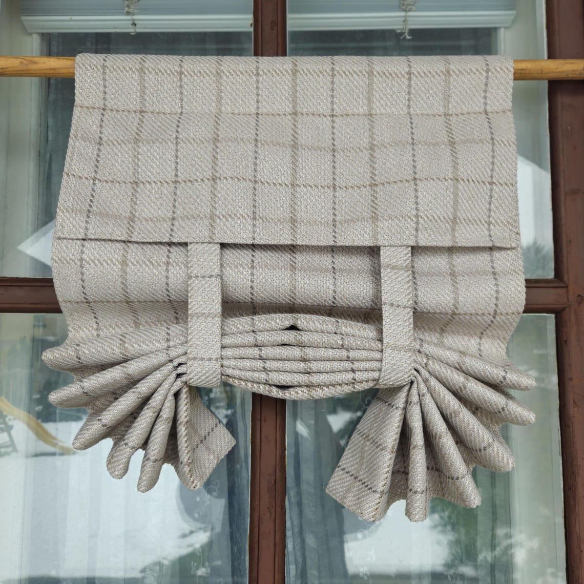 Natural Linen Checks Curtain Farmhouse Kitchen Window Treatment Cafe ...
