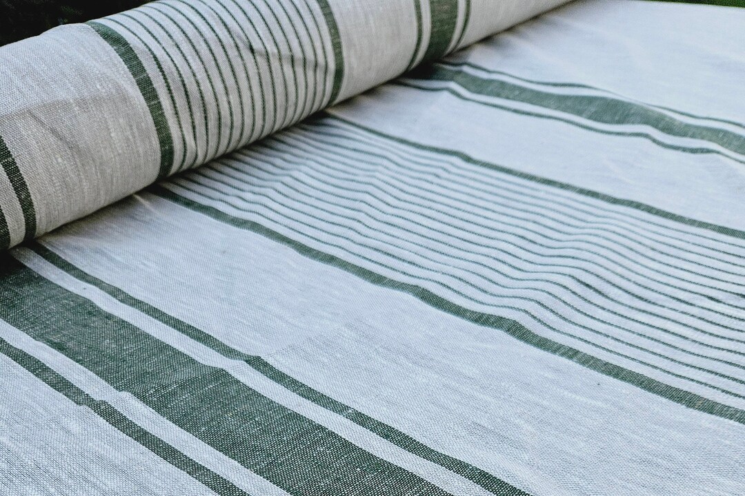 GREEN Stripes Linen Fabric by the Yard or Meter Heavy Fabric Flax ...