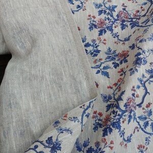 BLUE Floral Pattern Linen Fabric, Heavy Weight Linen Upholstery Washed ...