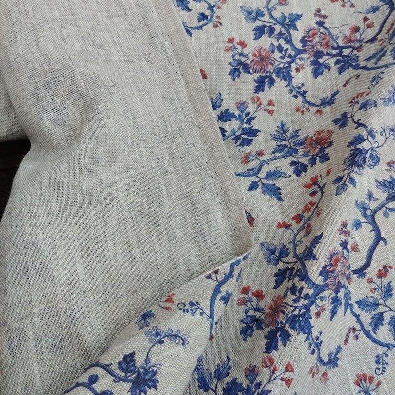 BLUE Floral Pattern Linen Fabric, Heavy Weight Linen Upholstery Washed ...