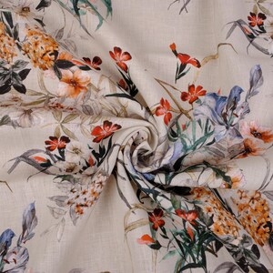 Softened Floral Pattern Linen Fabric, Medium Weight Linen With Flowers ...