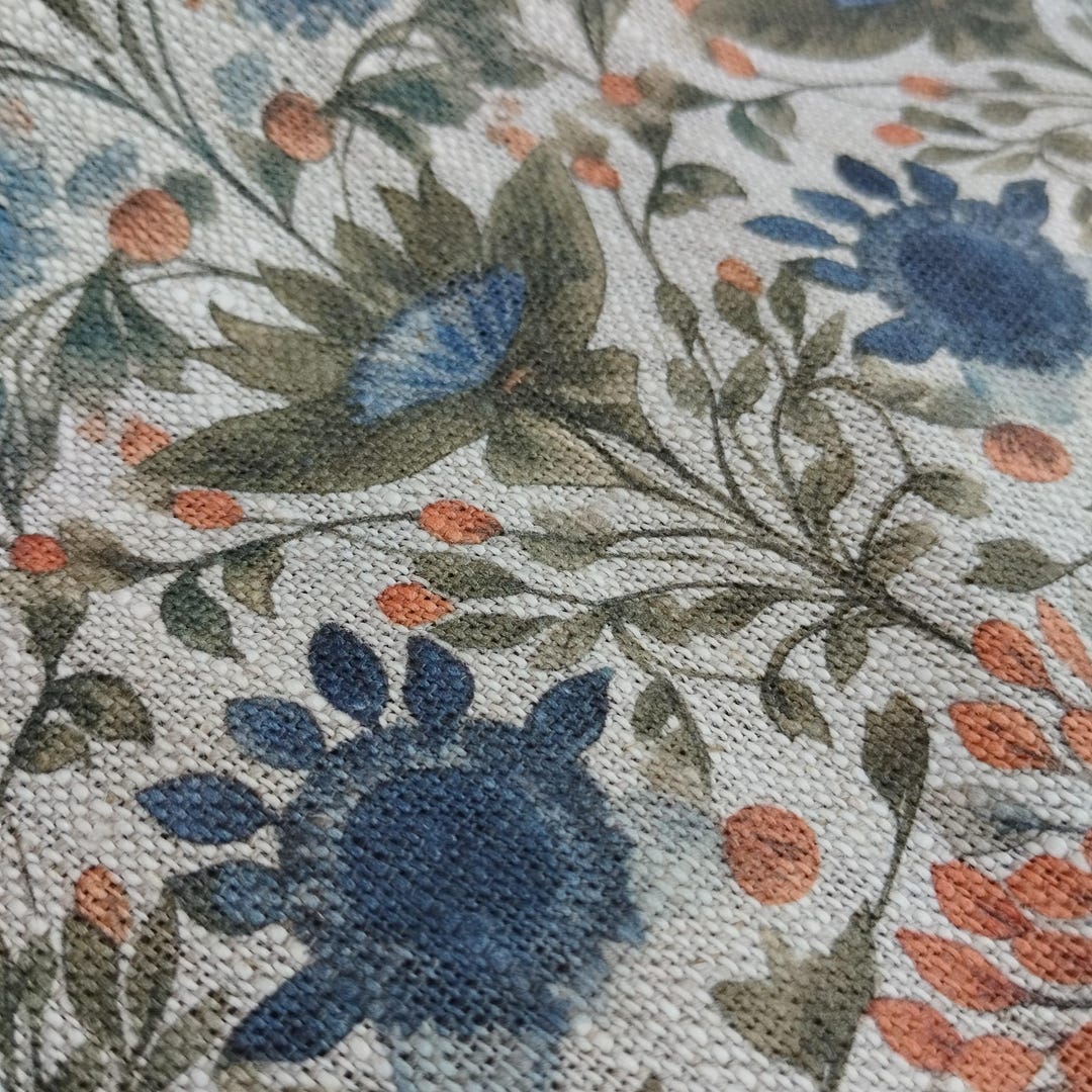Blue Flower Print Linen Fabric, Heavy Weight Linen Floral Upholstery ...