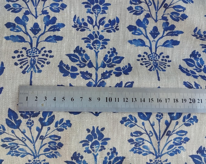 100% LINEN Fabric French Blue Block Print on Oatmeal Natur Linen ...