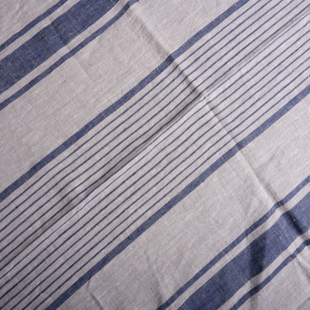 Heavy BLUE Striped Linen Fabric by the Yard or Meter 140cm Width ...