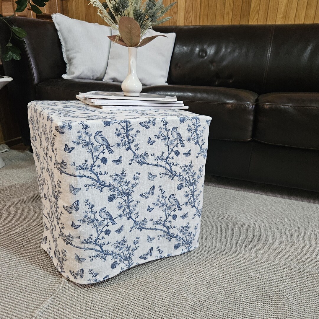 Linen Ottoman Slipcover Print Blue Cover Custom Ikea Cover Linen Cover ...