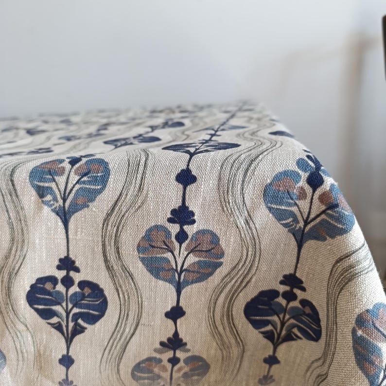 Rustic Natural Linen Tablecloth With Big Print - Custom Size - Round ...
