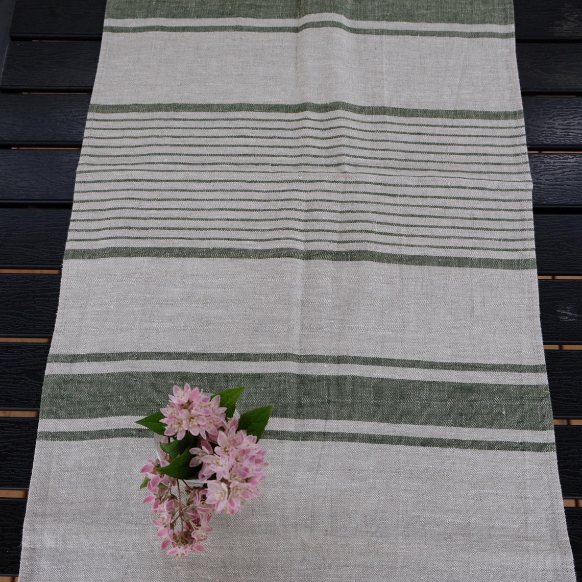 GREEN Stripes Natural Linen Table Runner, Handmade Linen Table Runner ...