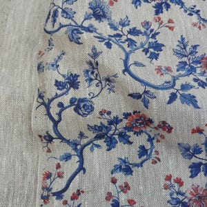 BLUE Floral Pattern Linen Fabric, Heavy Weight Linen Upholstery Washed ...