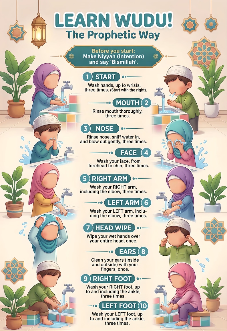 Wudu Step-by-step Guide for Girls & Boys, Floral Islamic Prayer Poster ...