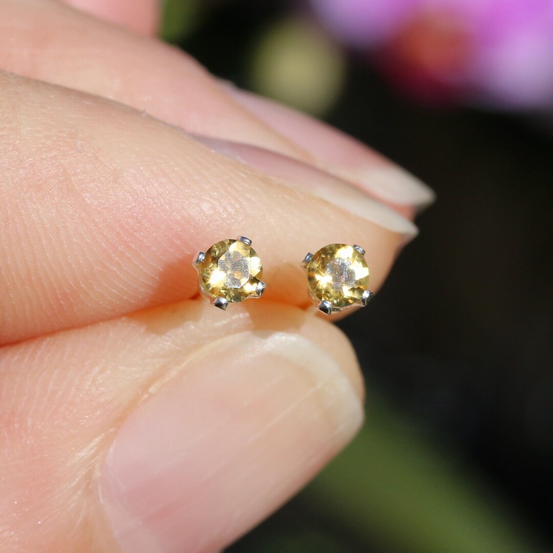 Tiny Dainty Natural Yellow Sapphire Silver Round Stud Earrings 3mm Gift ...