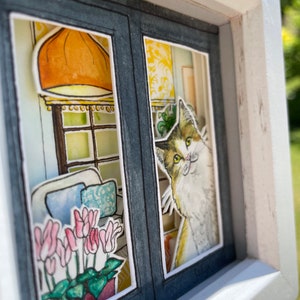 Cat in a Window Drawing Painting Papercut Watercolour - Etsy