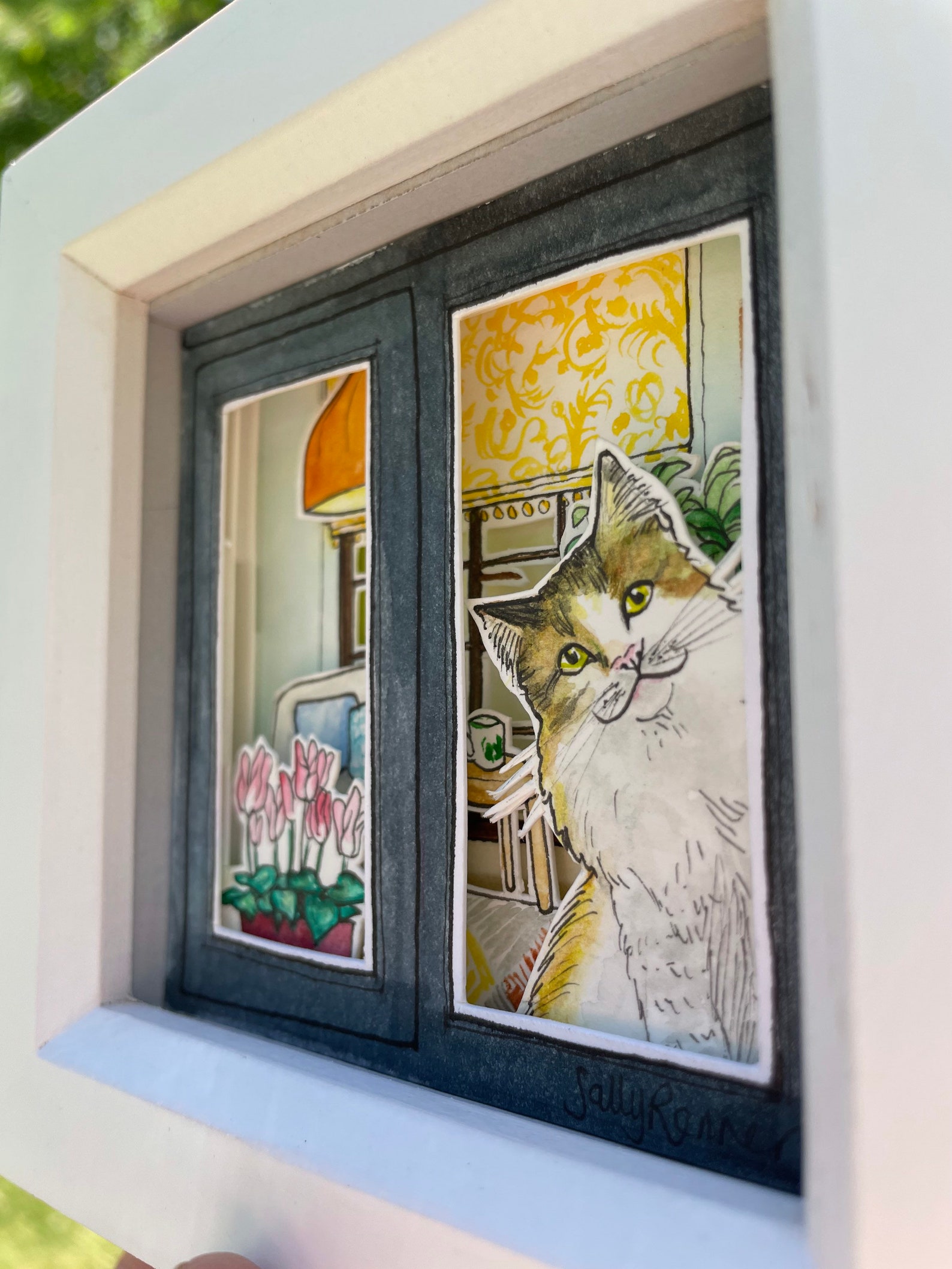 Cat in a Window Drawing Painting Papercut Watercolour - Etsy