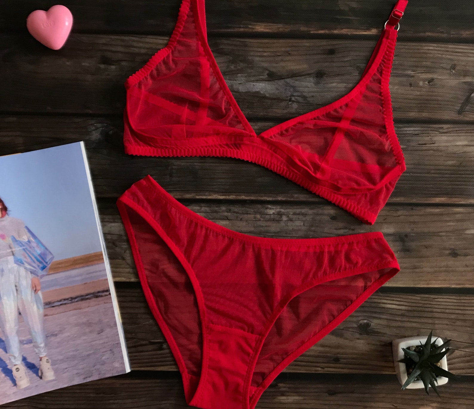 Red Lingerie Set Mesh Lingerie See Through Lingerie Custom Bra Etsy