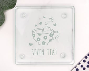Engraved seven-tea Wooden, Glass or Slate Coaster or Mug Funny 70th ...