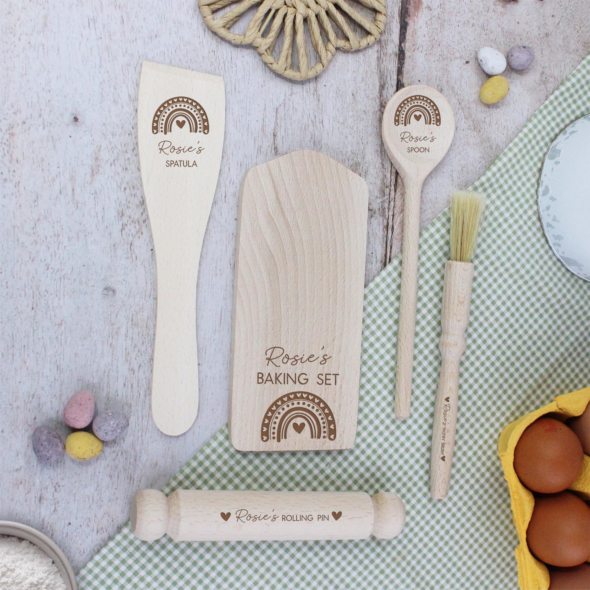Personalised Kids Baking Set, Children’s Rainbow Mini Wooden Baking ...