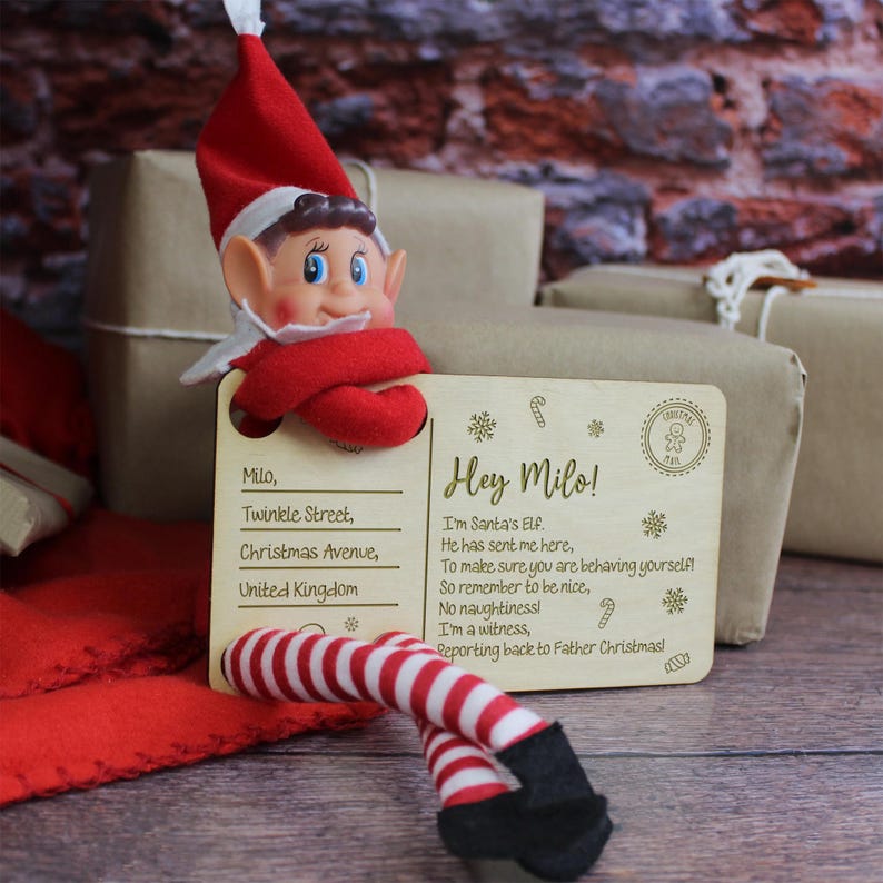 Personalised Elf Arrival Postcard, Wooden Christmas Elf in the Post ...