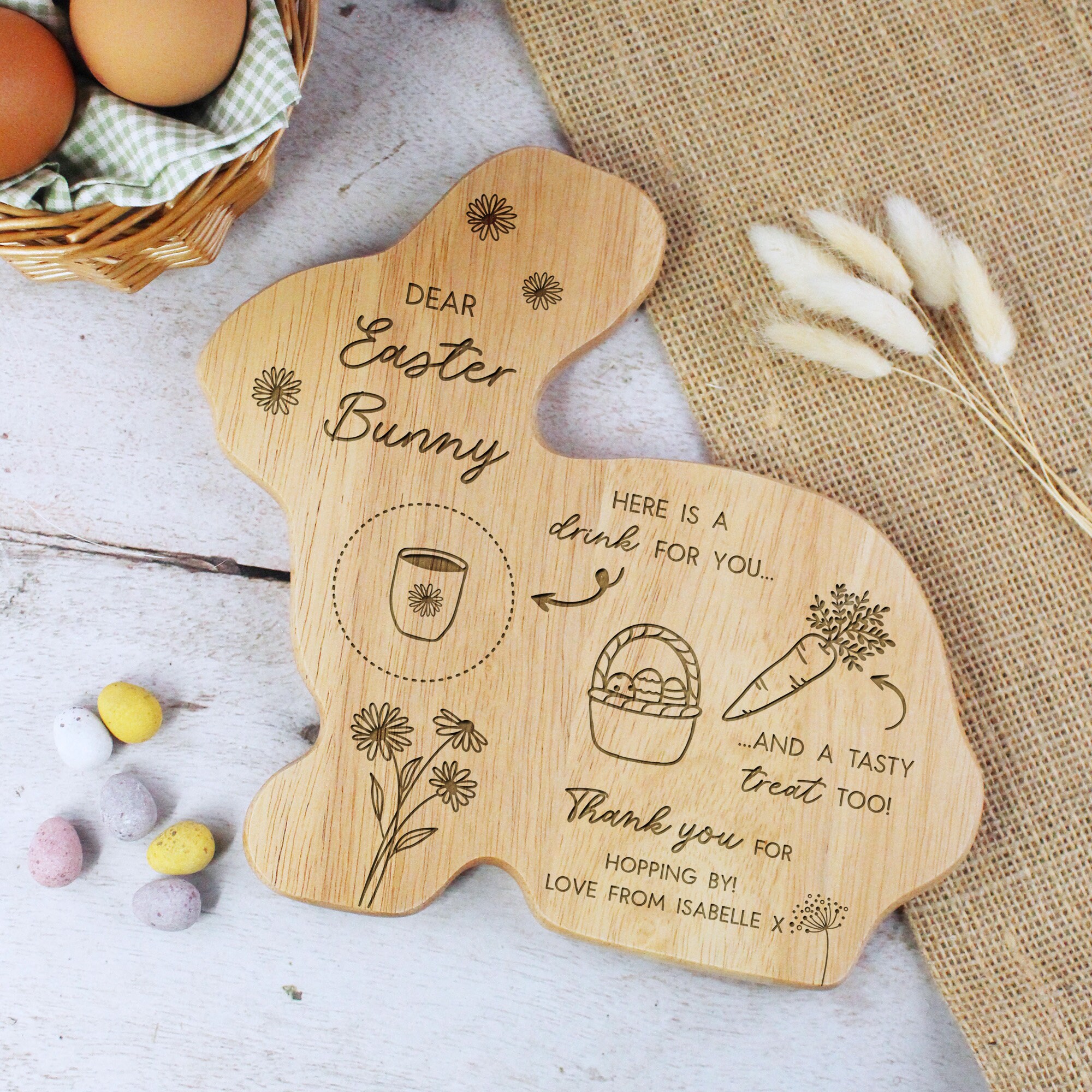 Personalised Easter Bunny Treat Plate, Wooden Rabbit Shaped Board, Dear ...