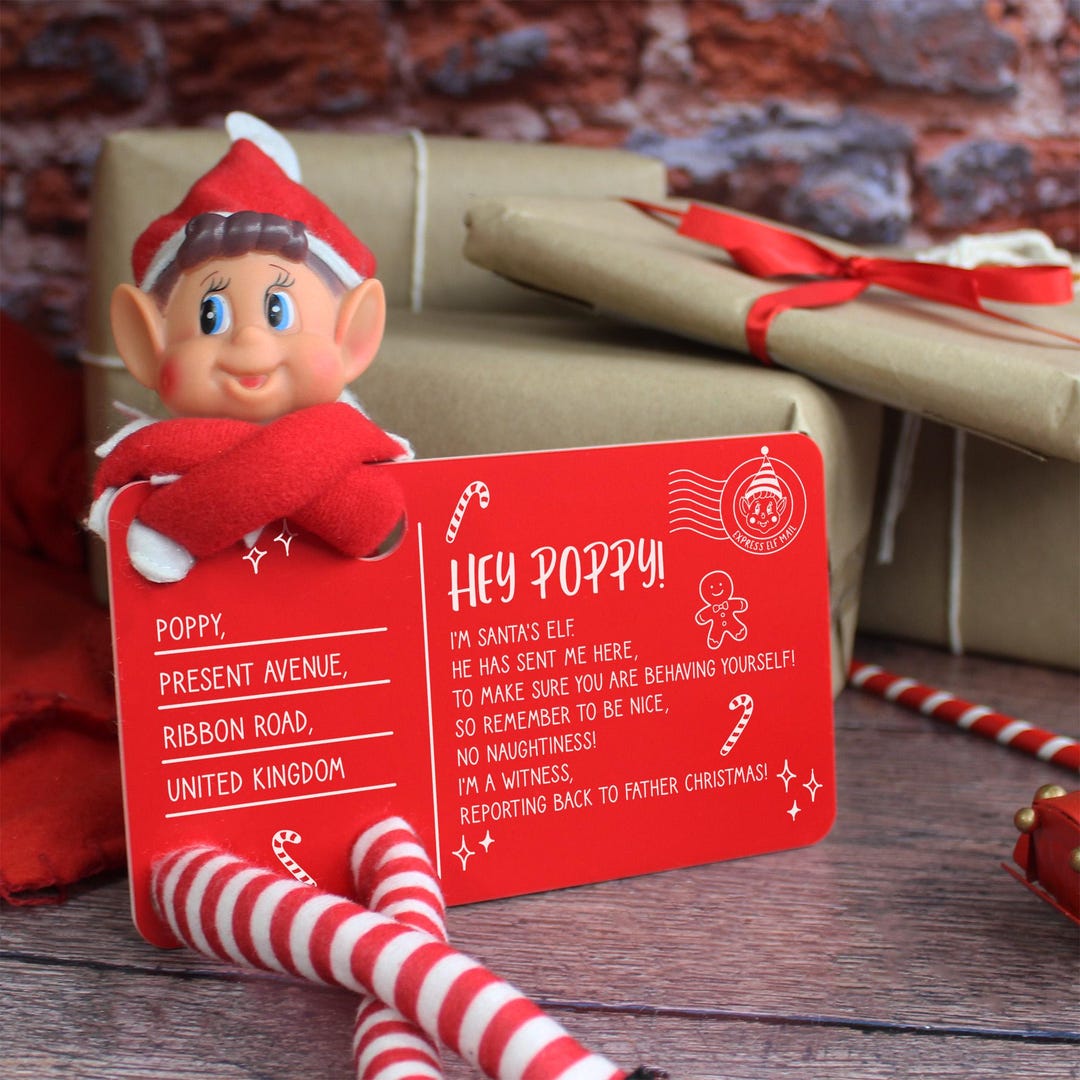 Personalised Elf Arrival Postcard, Red Acrylic Elf Postcard With Girl ...