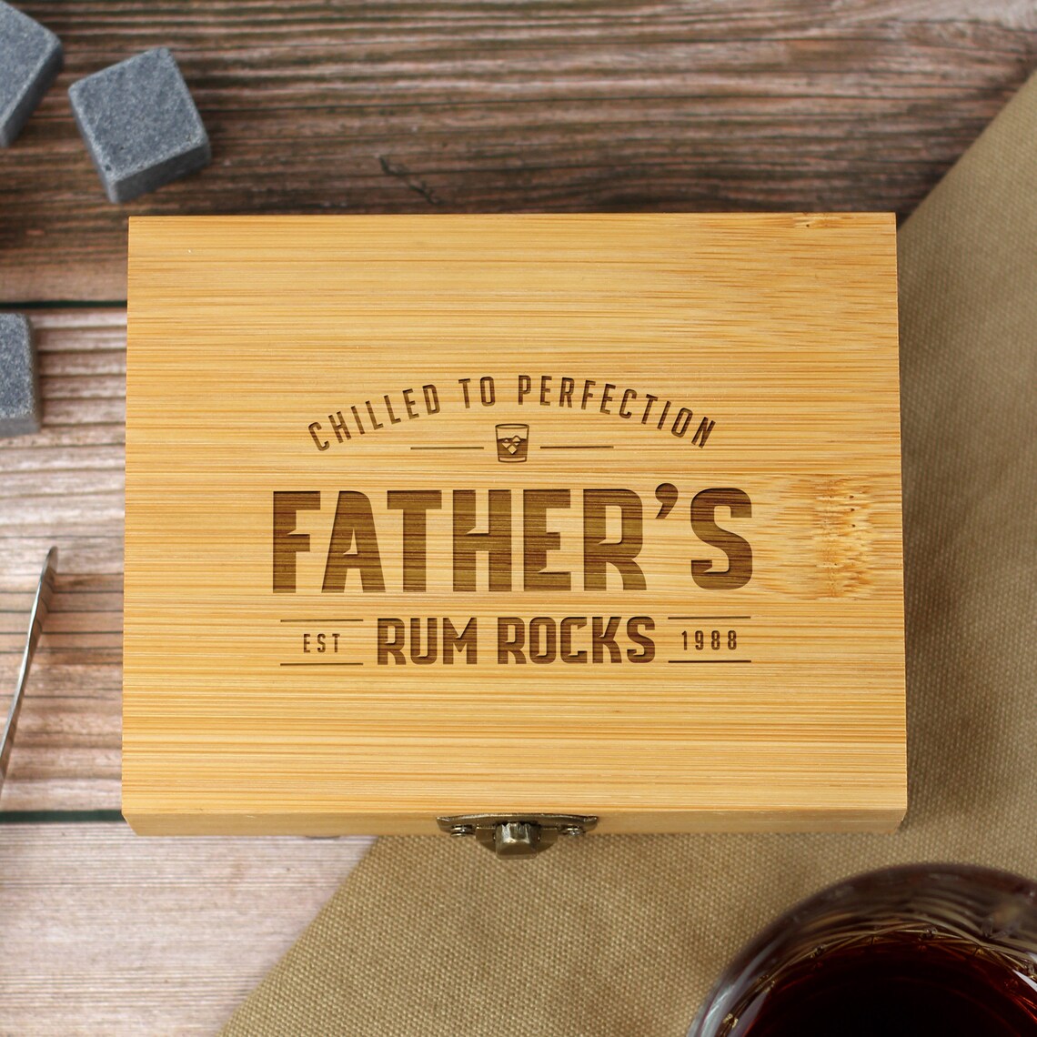 Personalised Rum Stones Set With Metal Tong, Dad's Rum Rocks Kit, 9 ...