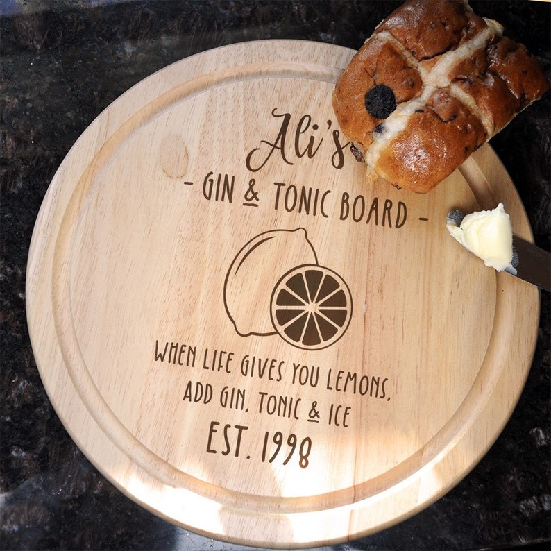 Personalised Round Wooden Gin and Tonic Preparation Board, G & T Lemon ...