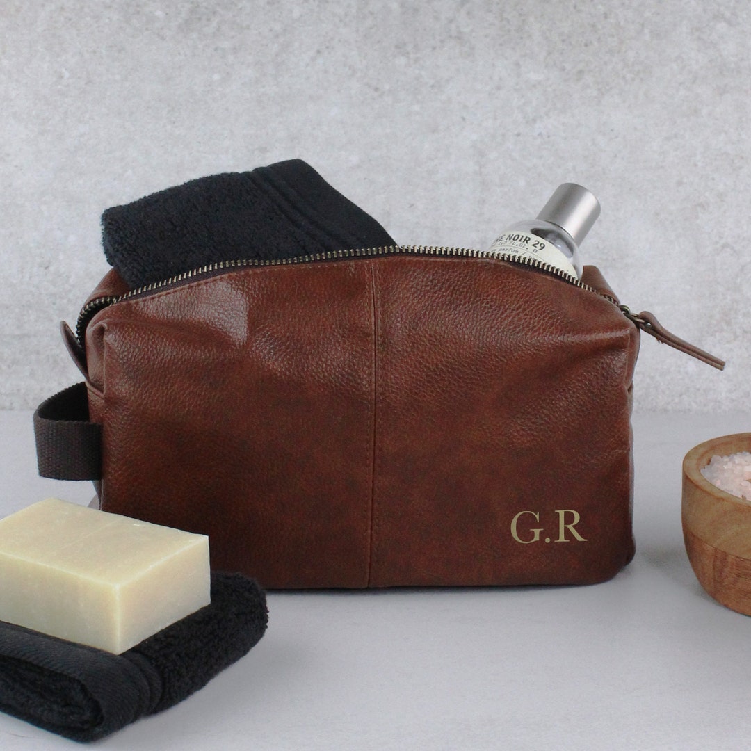 Personalised Men's Wash Bag With Strap in Black / Tan, Monogrammed PU ...
