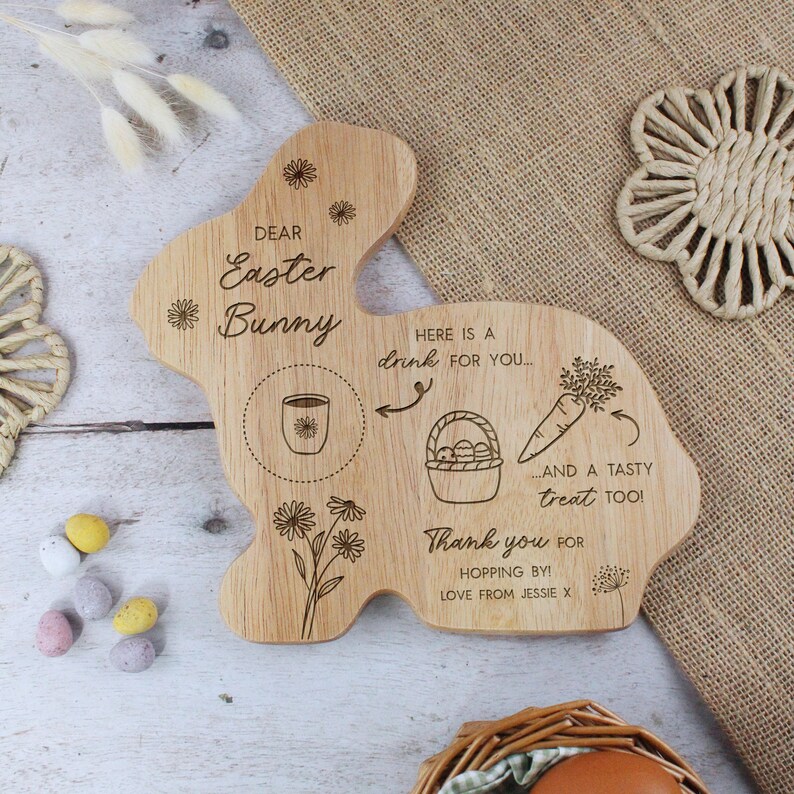 Personalised Easter Bunny Treat Plate, Wooden Rabbit Shaped Board, Dear ...