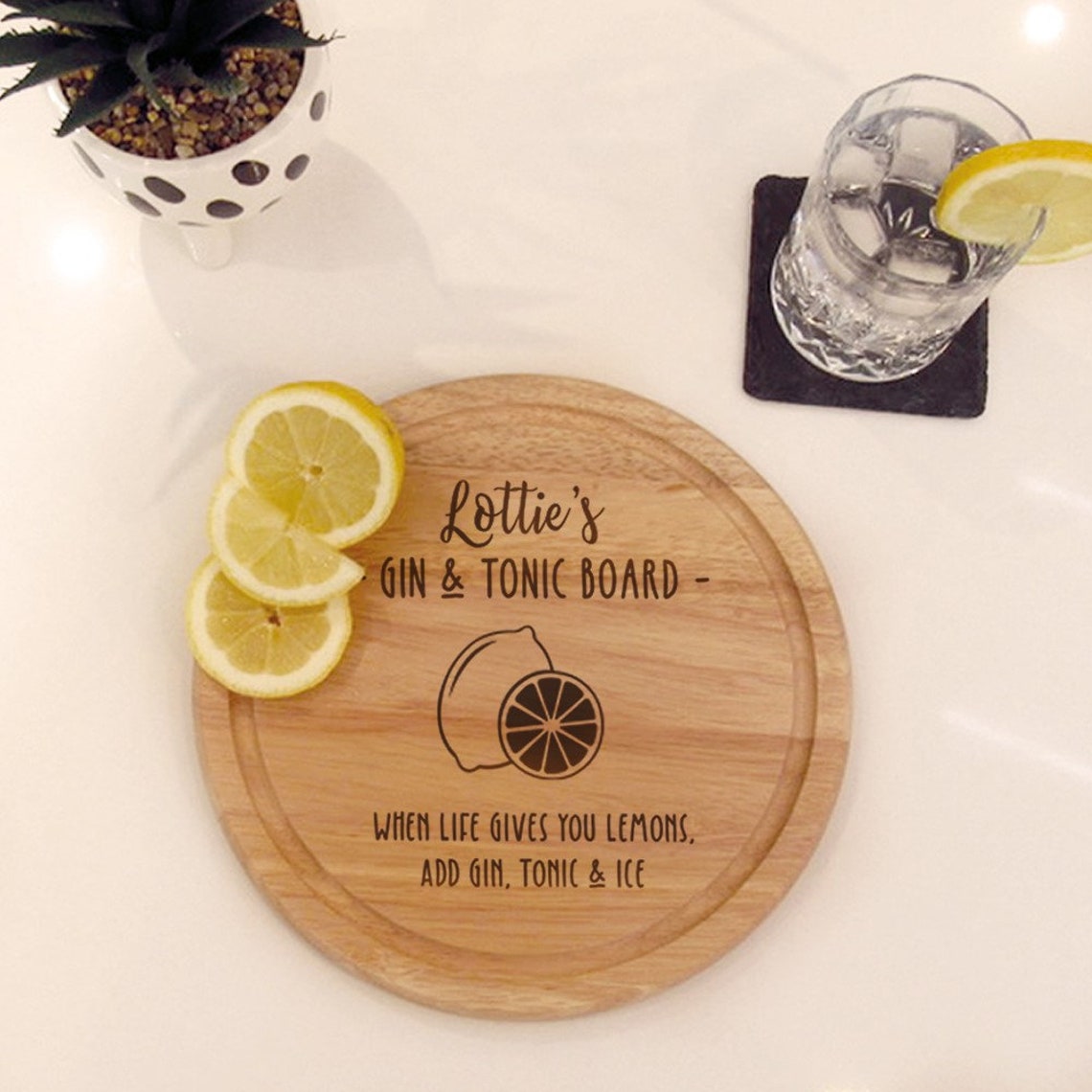 Personalised Round Wooden Gin and Tonic Preparation Board, G & T Lemon ...