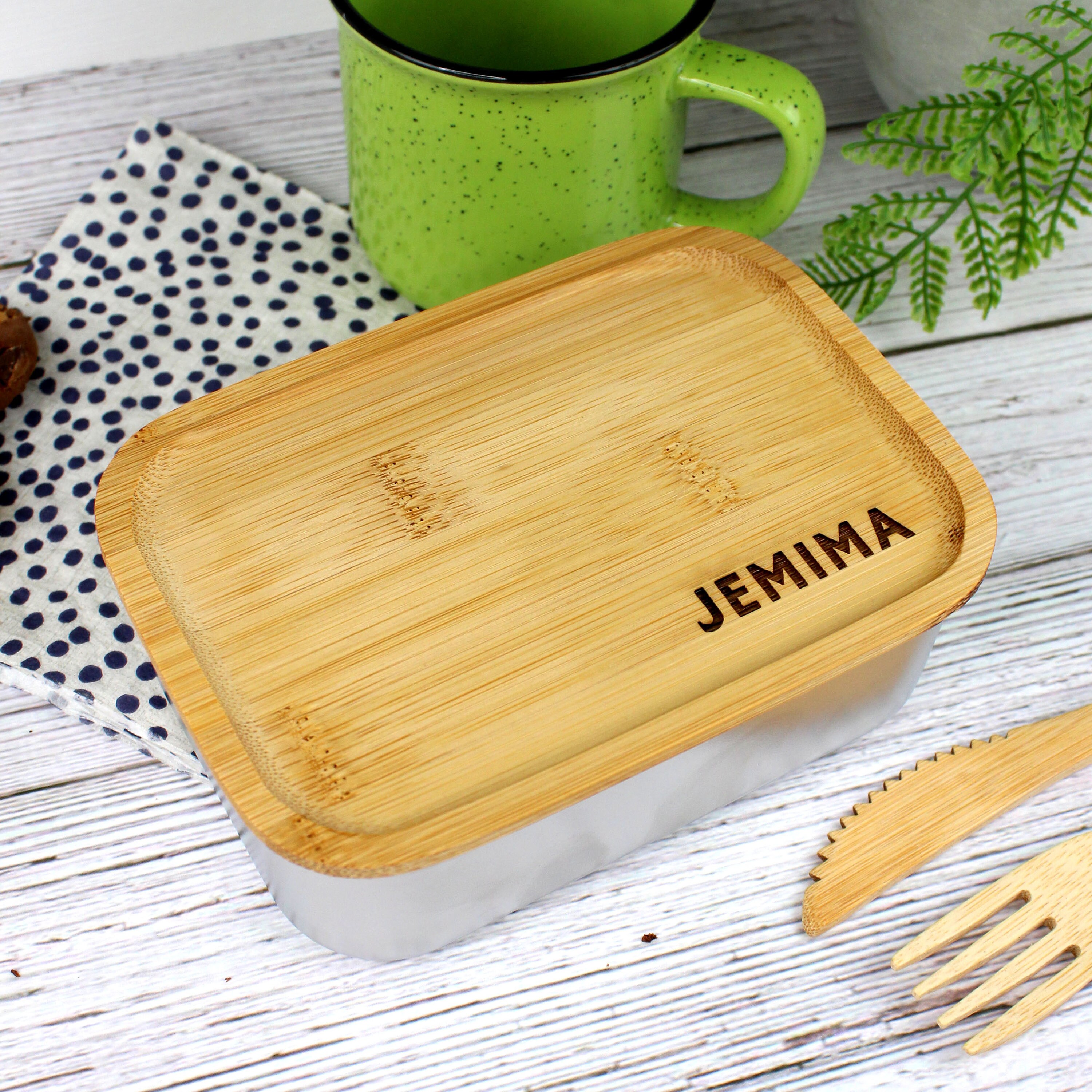 Personalised Metal and Wood Lunch Box With Engraved Wooden Bamboo Lid ...