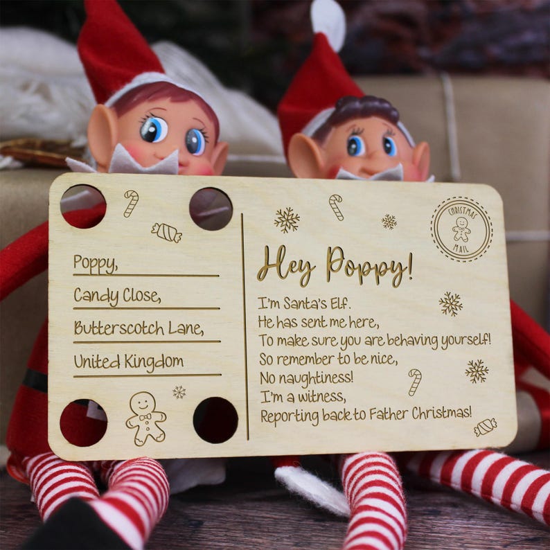 Personalised Elf Arrival Postcard, Wooden Christmas Elf in the Post ...