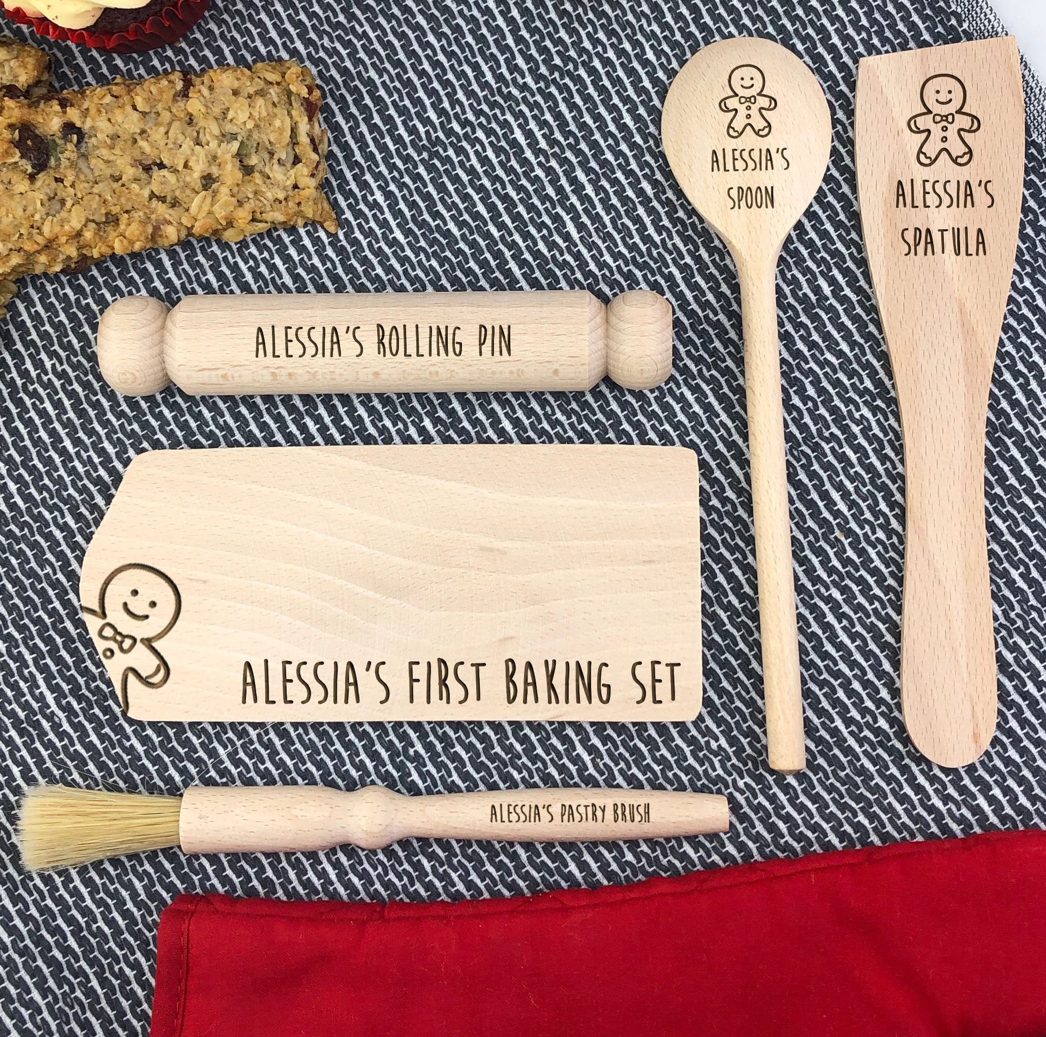 Children's Personalised Baking Set, Kids Wooden Baking Tools Utensils ...