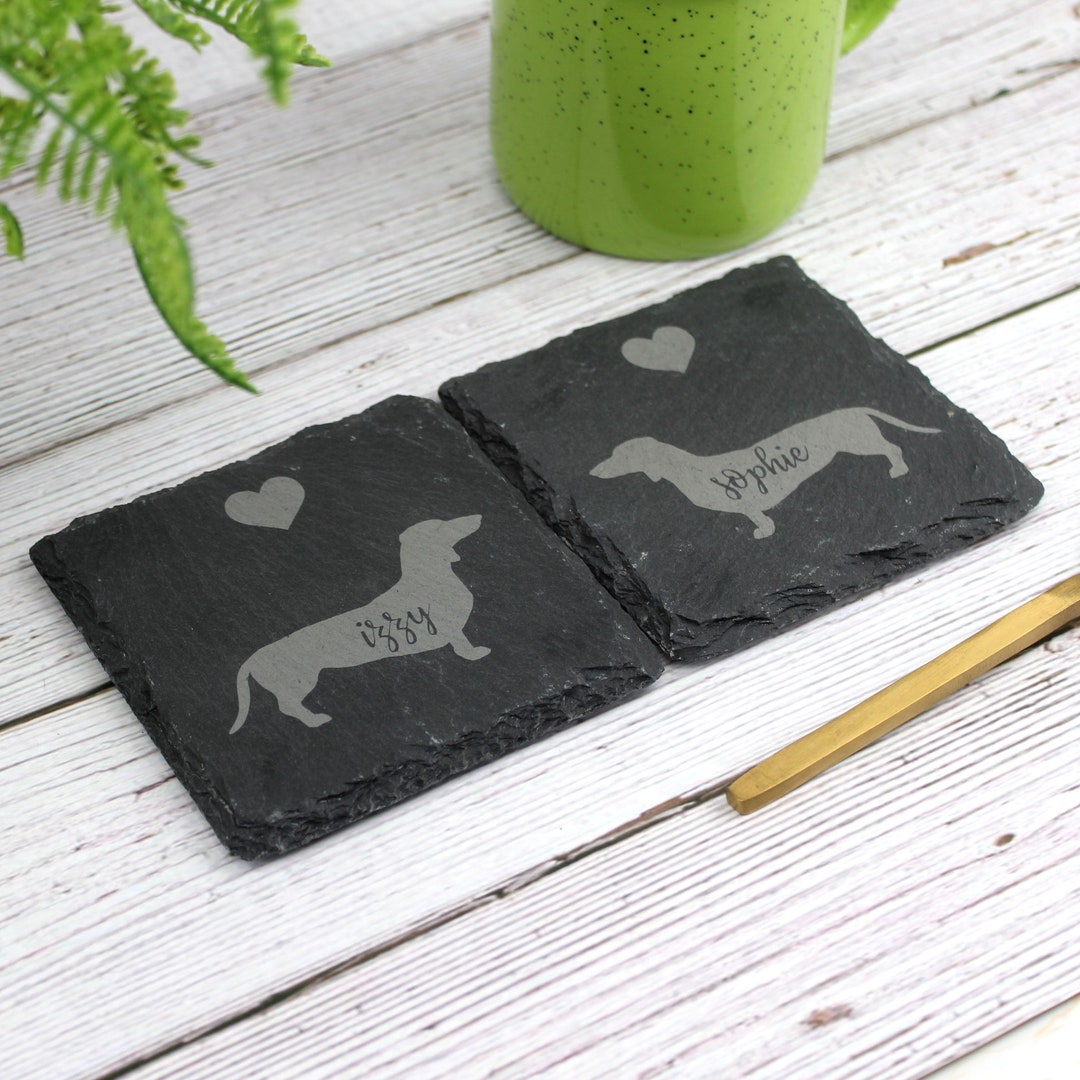 SET OF 2 DASCHUND Sausage Dog, Custom Slate Coasters, Personalised ...