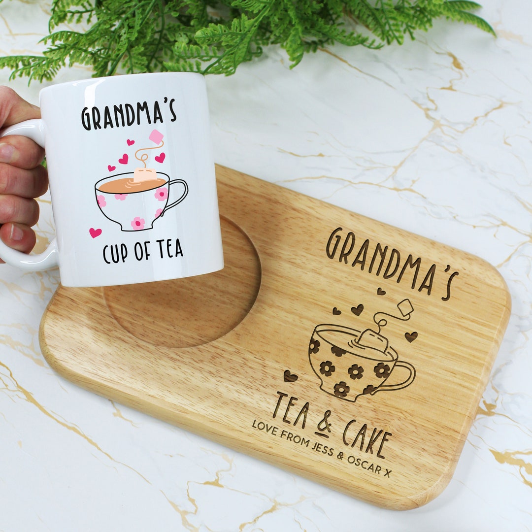 Personalised Grandma's Tea & Cake Board With Coffee Mug Option, Wood ...