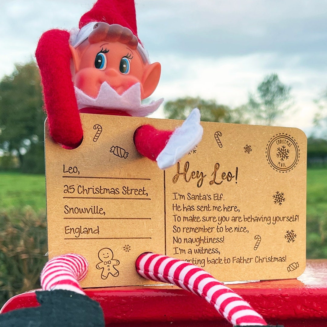 Elf Arrival Postcard Wooden Christmas Card, Personalised Naughty Elf ...