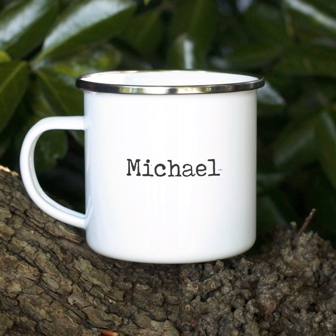 Personalised Name Enamel Tin Mug, White Metal Tea Coffee Cup, Camping ...
