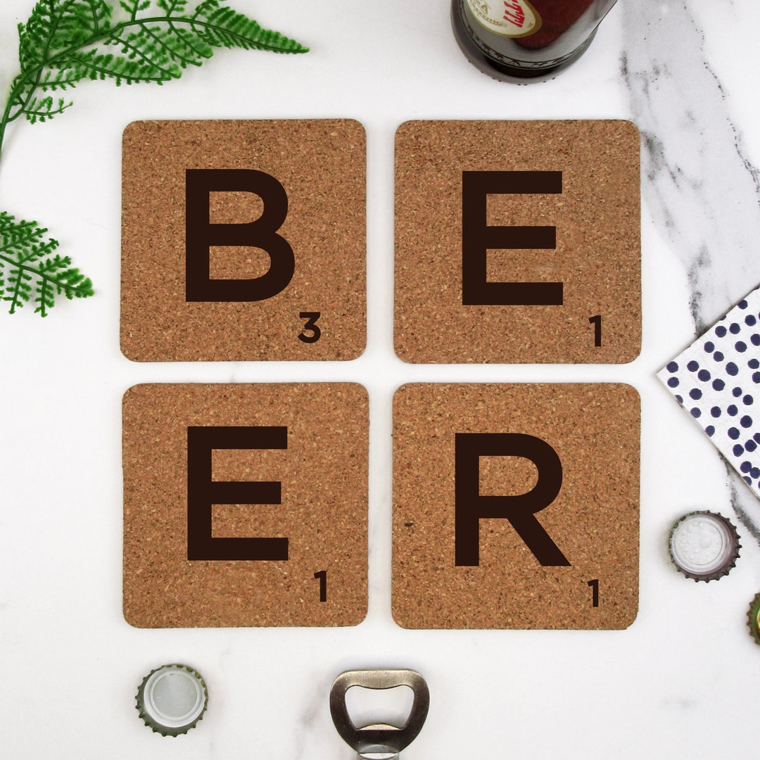 Set of 4 BEER Cork Scrabble Tile Letter Coasters, Personalised Coasters ...
