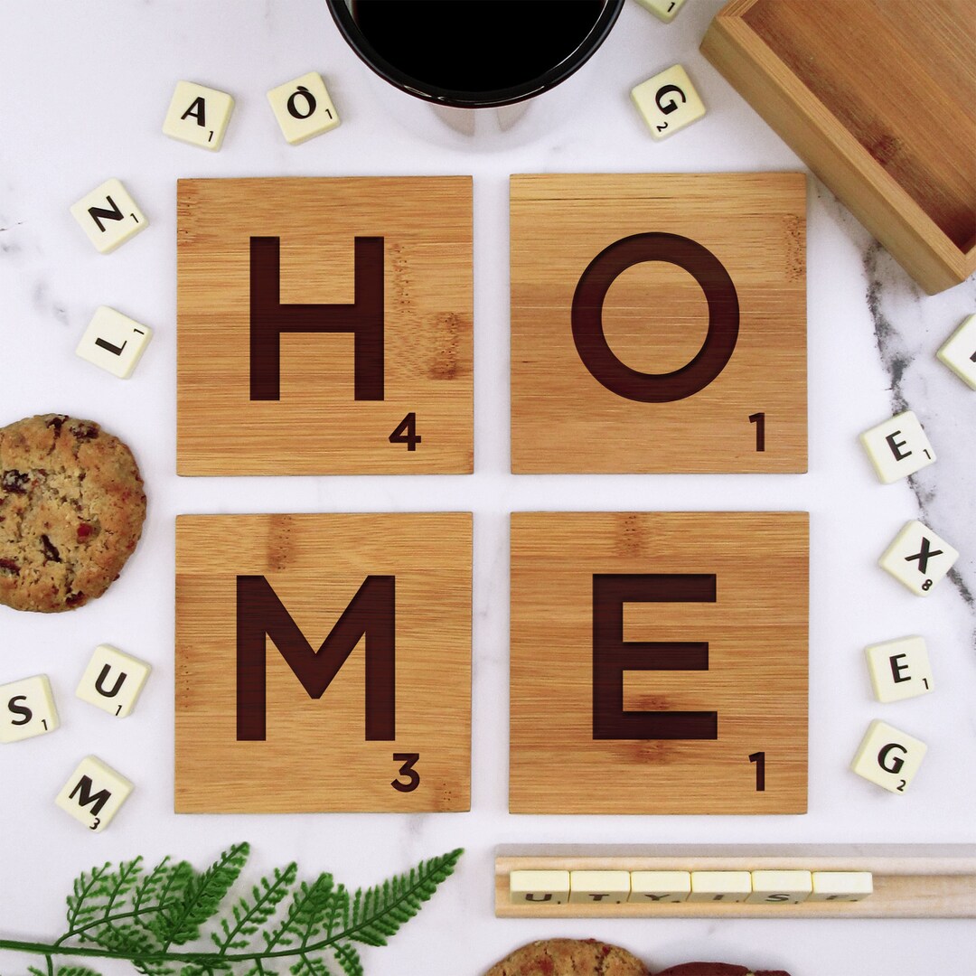 Set of 4 HOME Wood Scrabble Tile Letter Coasters, Personalised Coasters ...