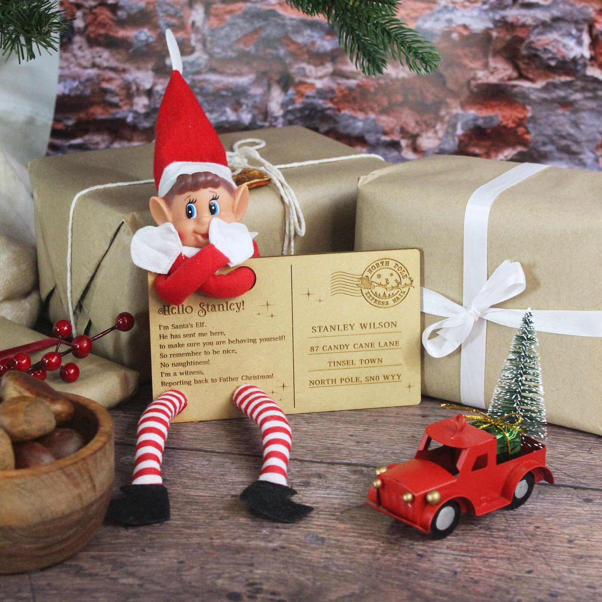 Elf Arrival Postcard, Wooden Christmas Postcard, Personalised Elf ...