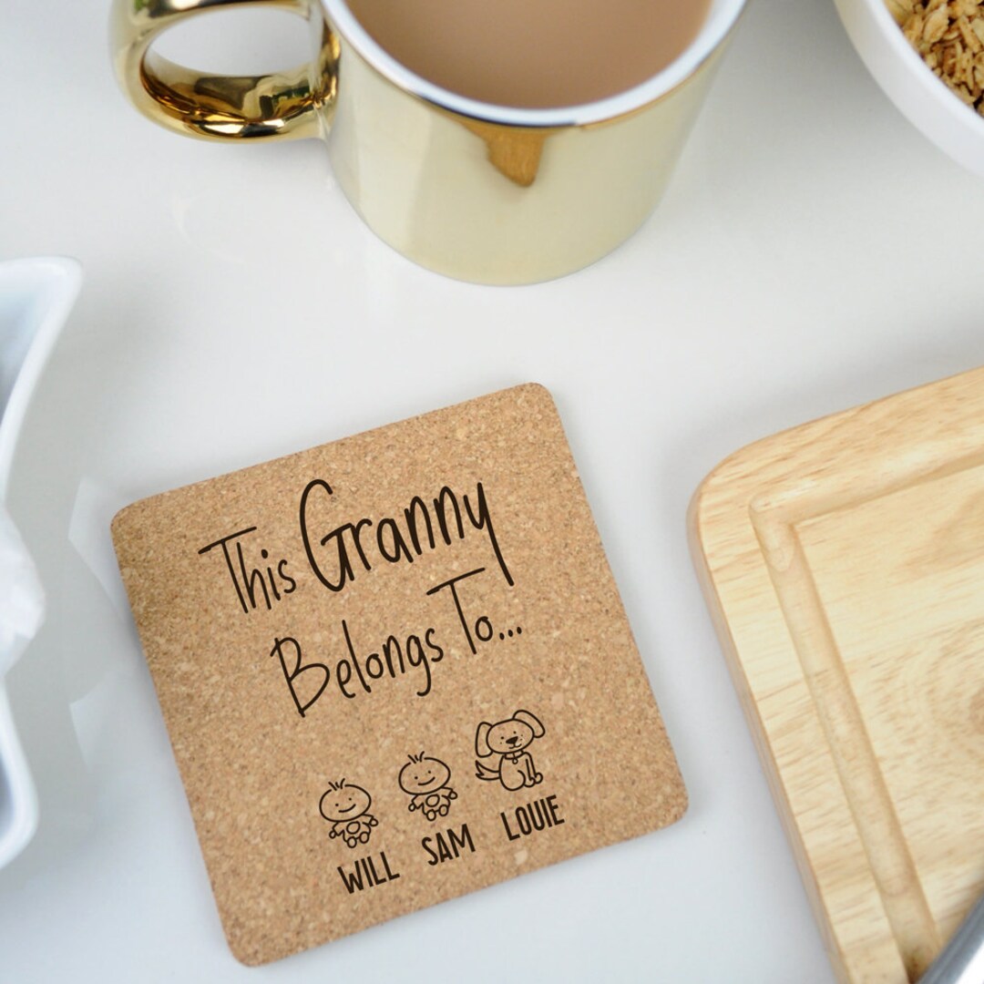 This GRANDMA BELONGS TO Coaster, Personalised Square Cork Coaster, Cute ...