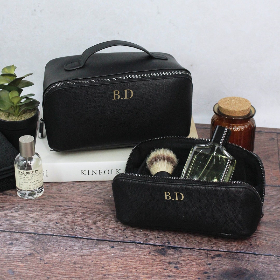 Personalised Men’s Wash Bag Set in Black With Black Zip Detail, PU ...