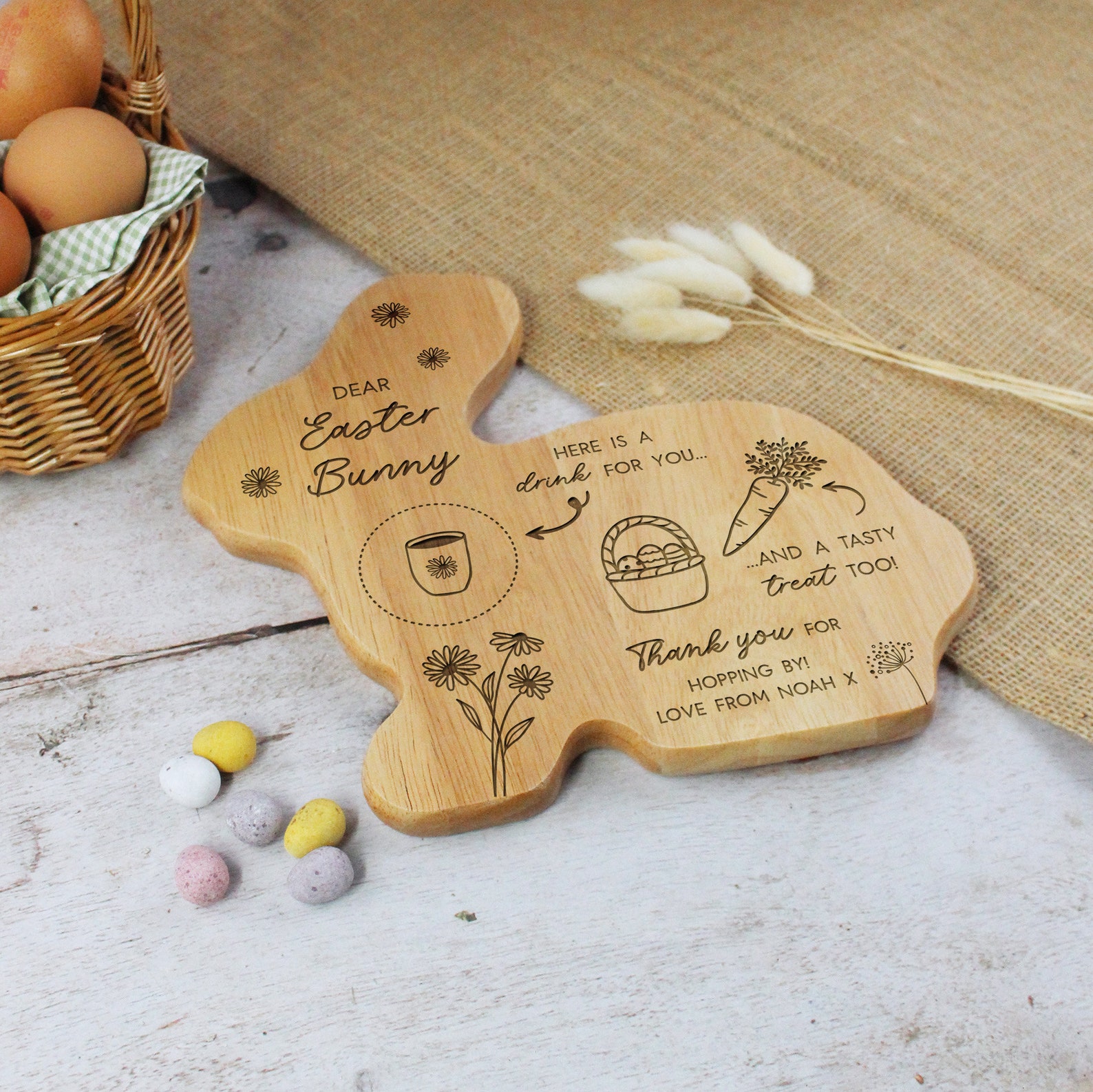 Personalised Easter Bunny Treat Plate, Wooden Rabbit Shaped Board, Dear ...