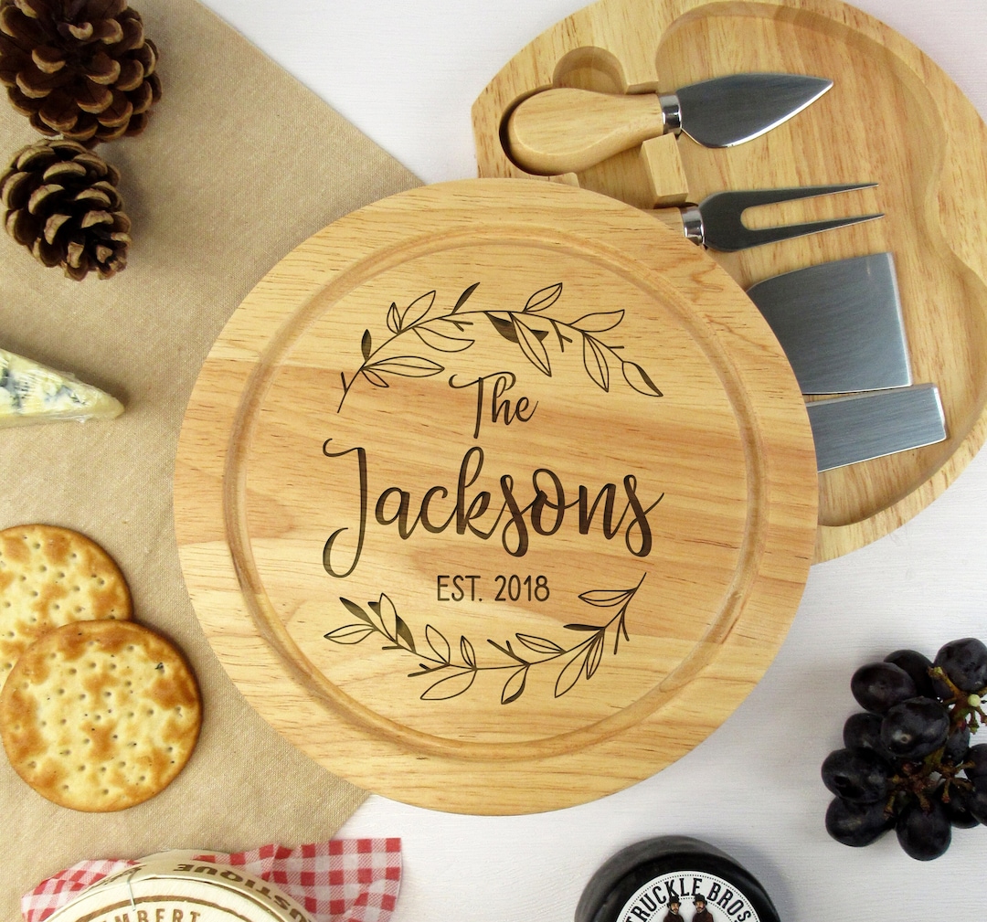 Personalised Round Wooden Cheese Board Set With 4 Cheese Utensils ...