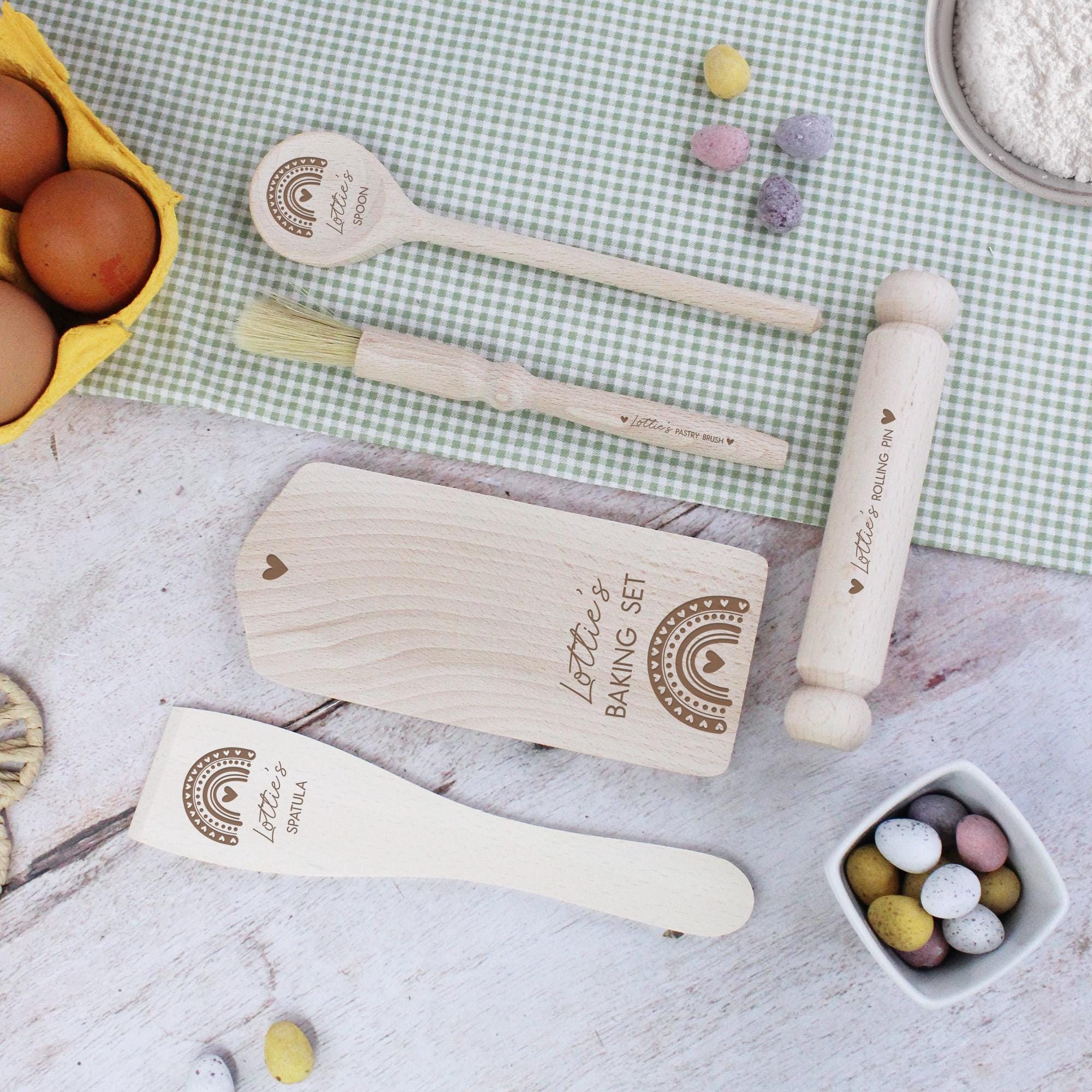 Personalised Kids Baking Set, Children’s Rainbow Mini Wooden Baking ...