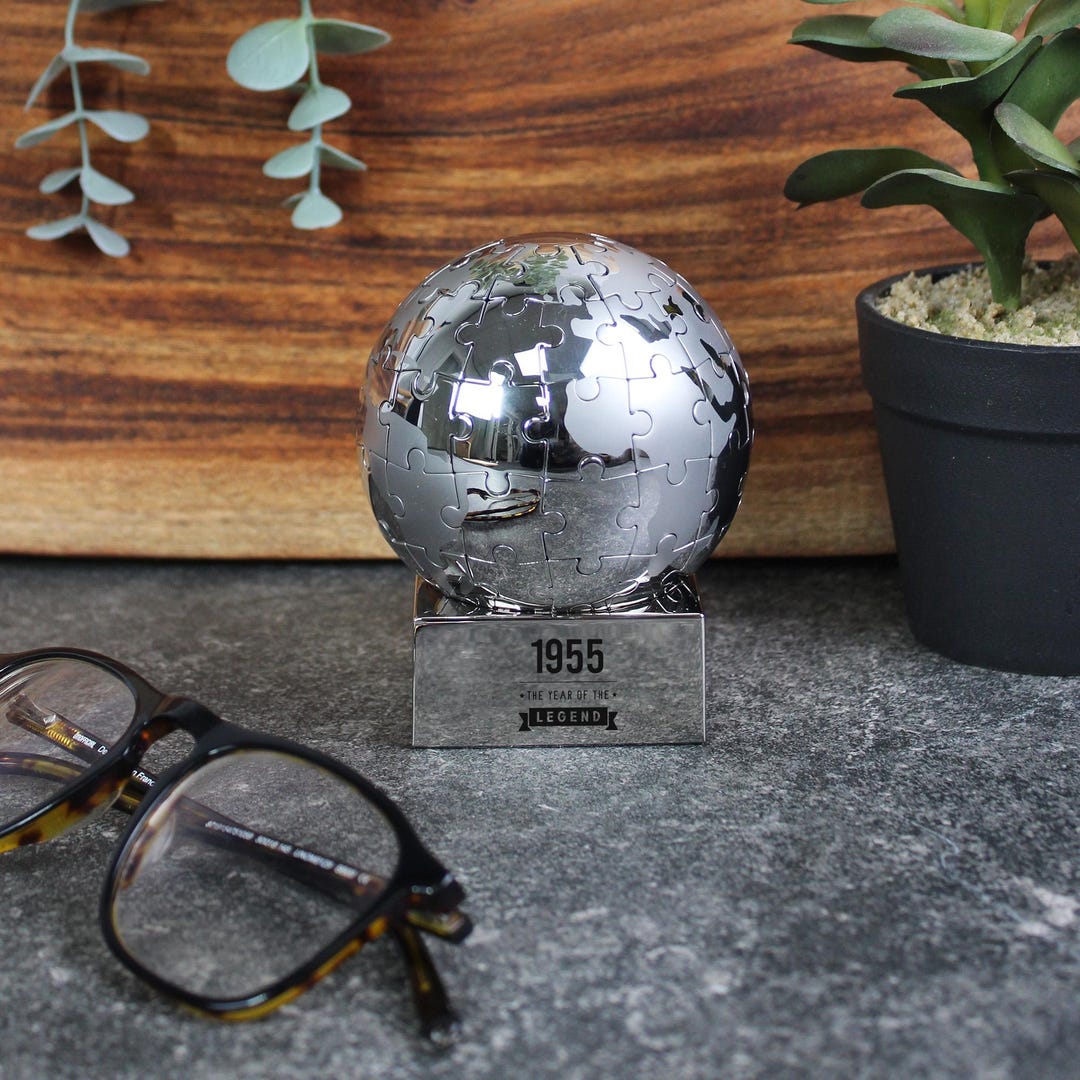Engraved Metal Paperweight Puzzle Globe, Engraved With 1955 Year of the ...