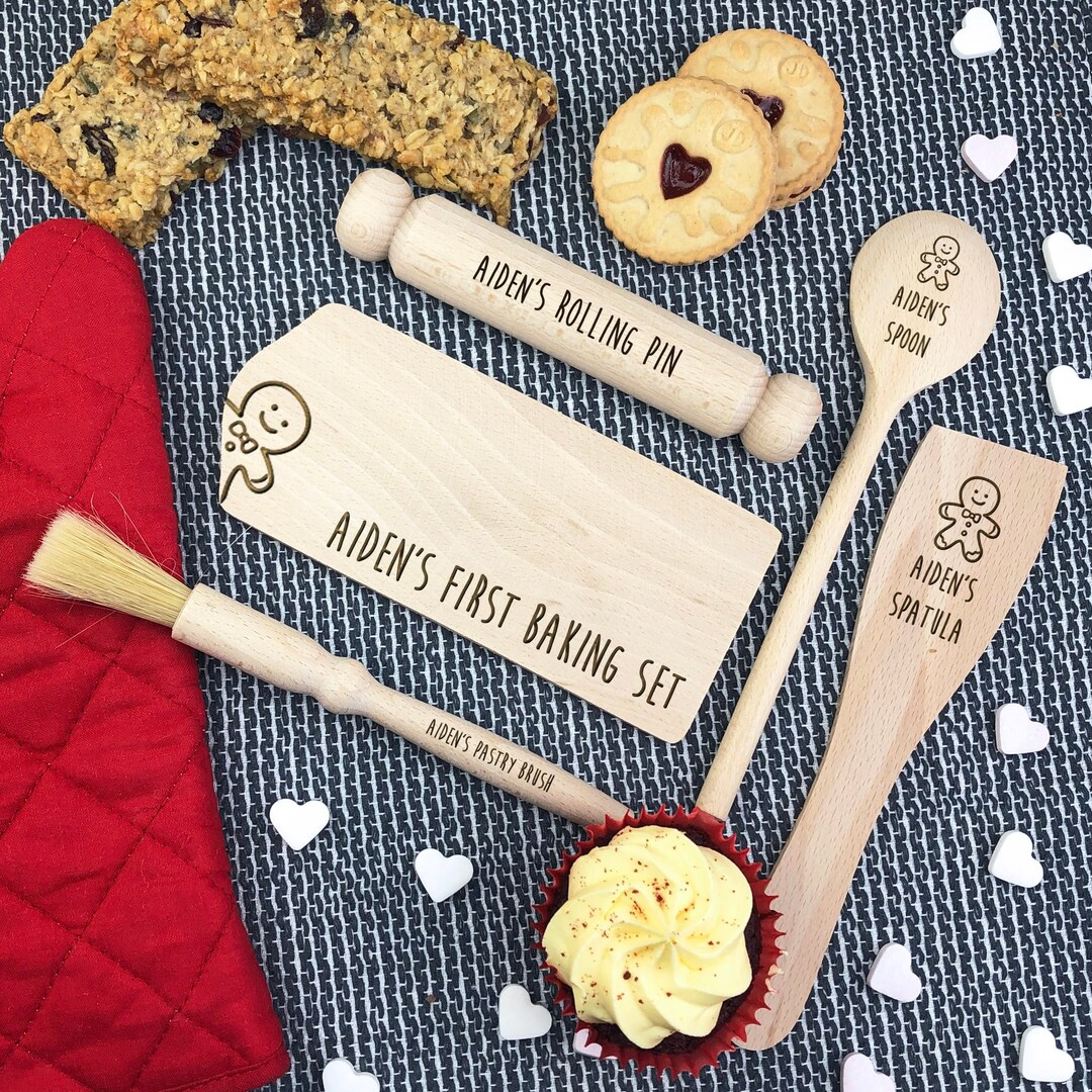Children's Personalised Baking Set, Kids Wooden Baking Tools Utensils ...