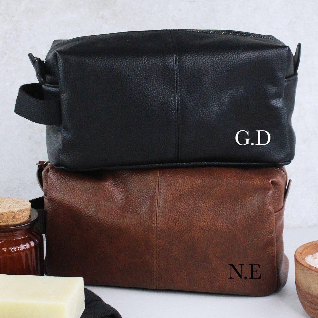 Personalised Men's Wash Bag With Strap in Black, Tan Brown PU Leather ...