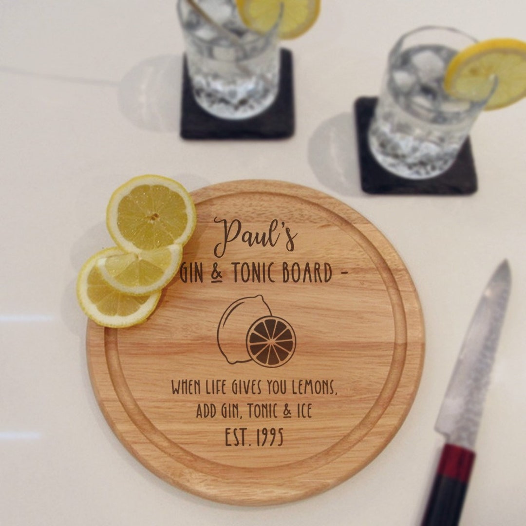 Personalised Round Wooden Gin and Tonic Preparation Board, G & T Lemon ...