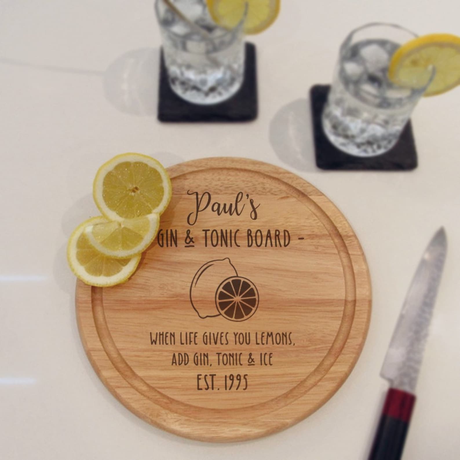 Personalised Round Wooden Gin and Tonic Preparation Board, G & T Lemon ...